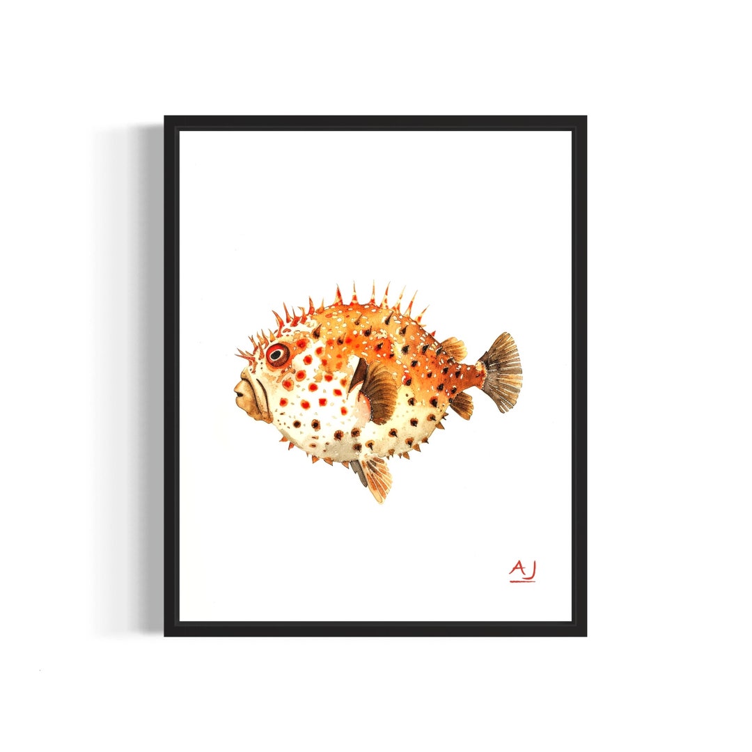 Pufferfish Poster Art Print, Watercolor Sea Creature Animal Painting ...