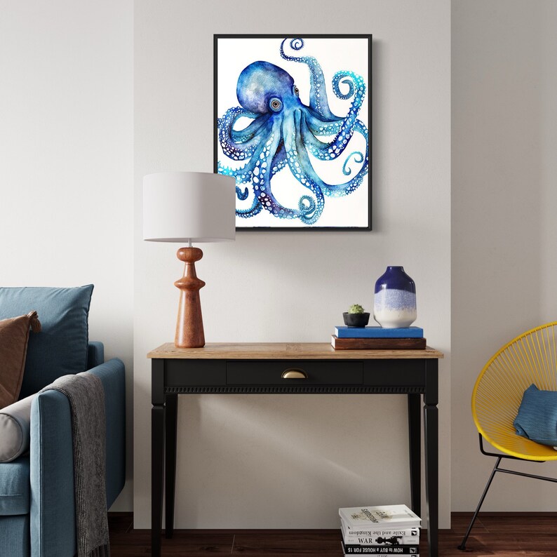 Blue Octopus Watercolor Art Print Blue Octopus Painting Wall - Etsy