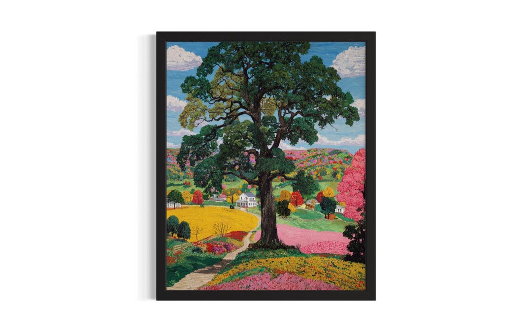 Sacred Oak Tree Flower Fields Poster Art Print, Living Room Wall Art ...