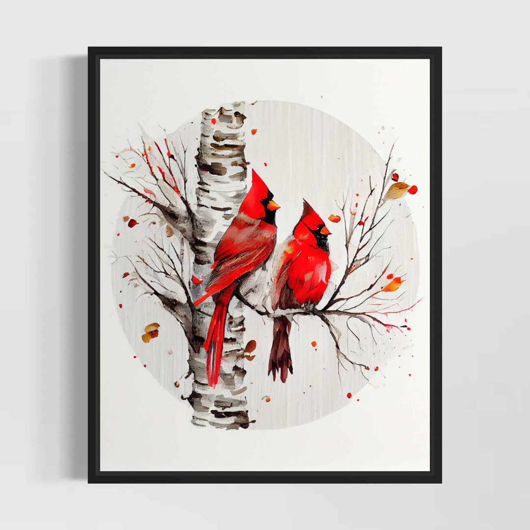 Red Cardinals and Birch Tree Portrait Branch Watercolor Art Print ...