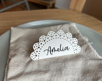 Custom Place Cards | Round, Doily Design | Weddings, Bridal Shower Name ...