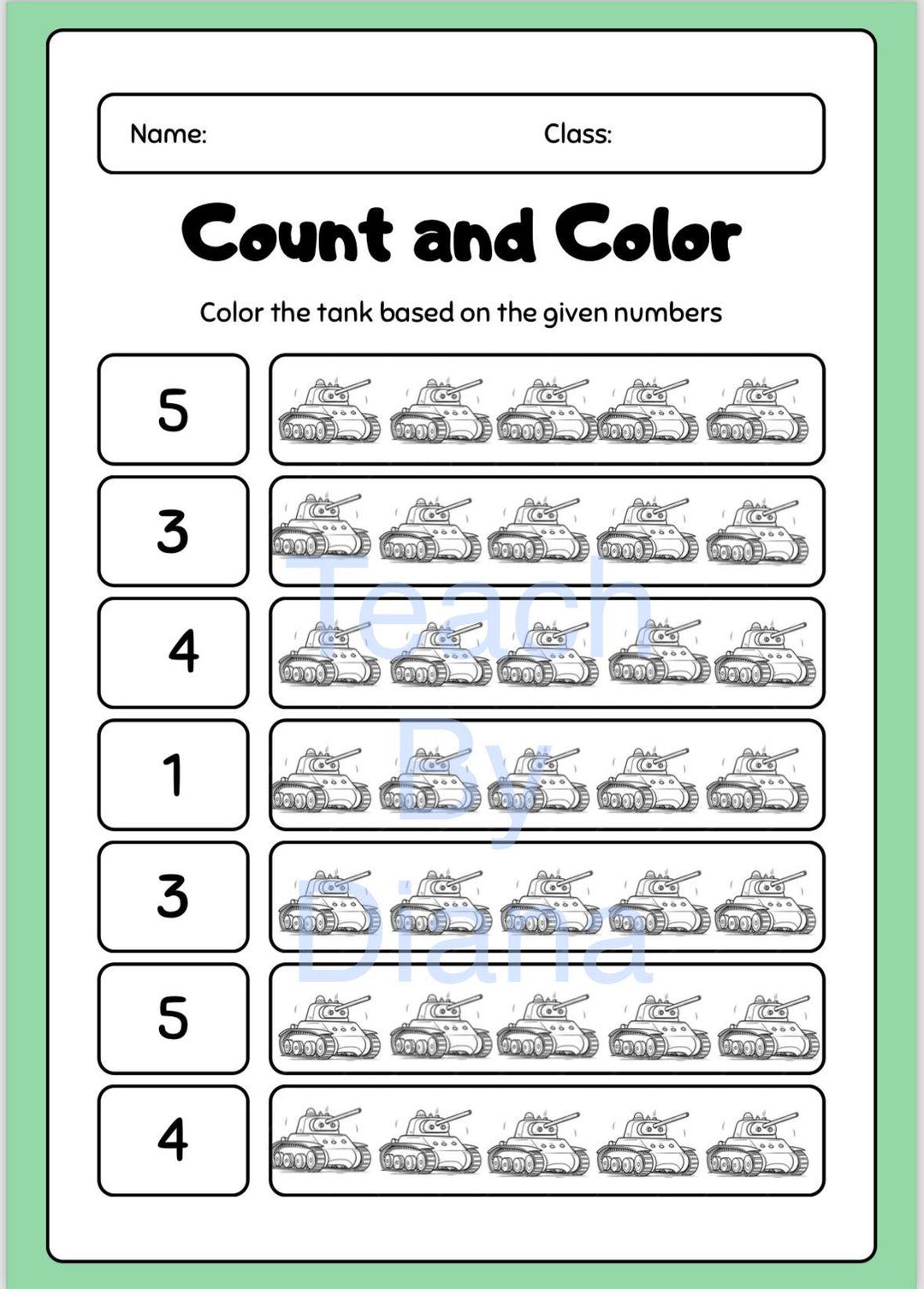 Count and Color Worksheet With Tanks - Etsy