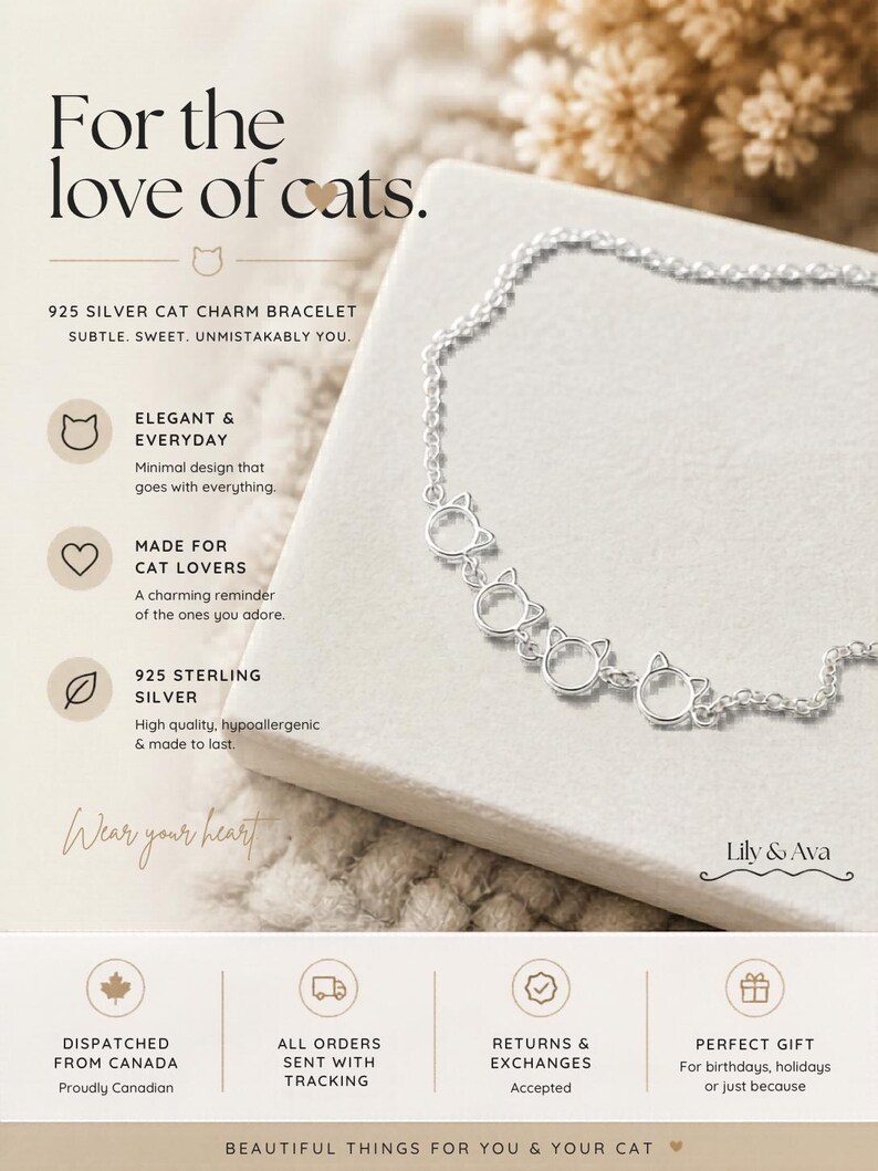 925 Sterling Silver Cat Charm Bracelet – Dainty Minimalist Jewelry - Etsy