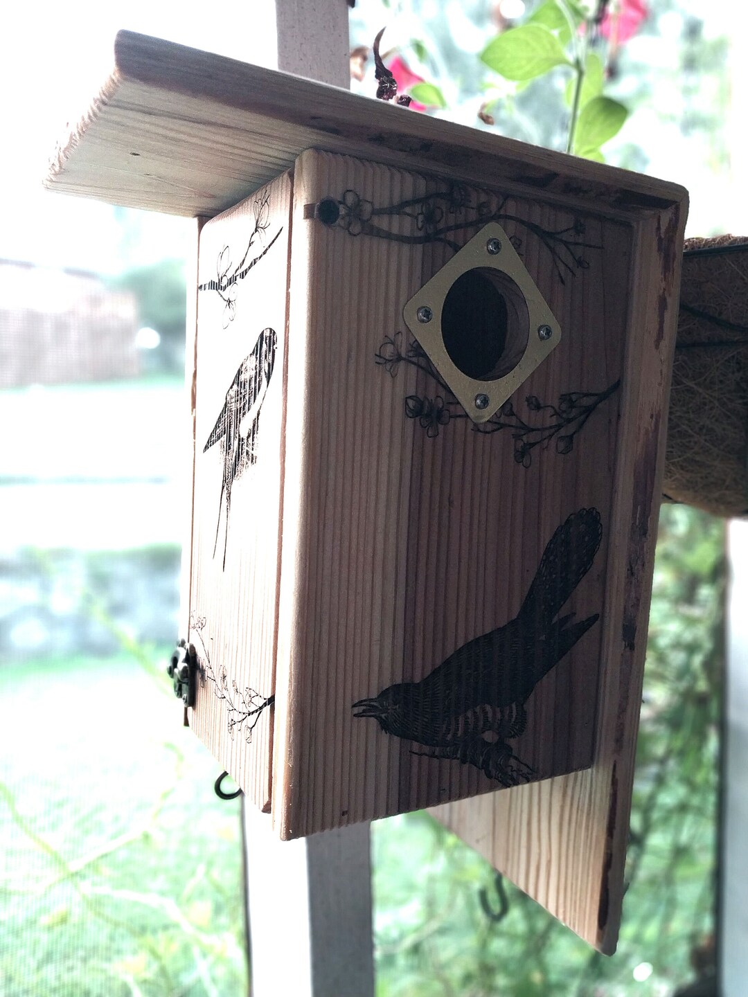 Birdhouse With Birds and Cherry Blossoms Engraved, Bluebirdhouse, Bird ...