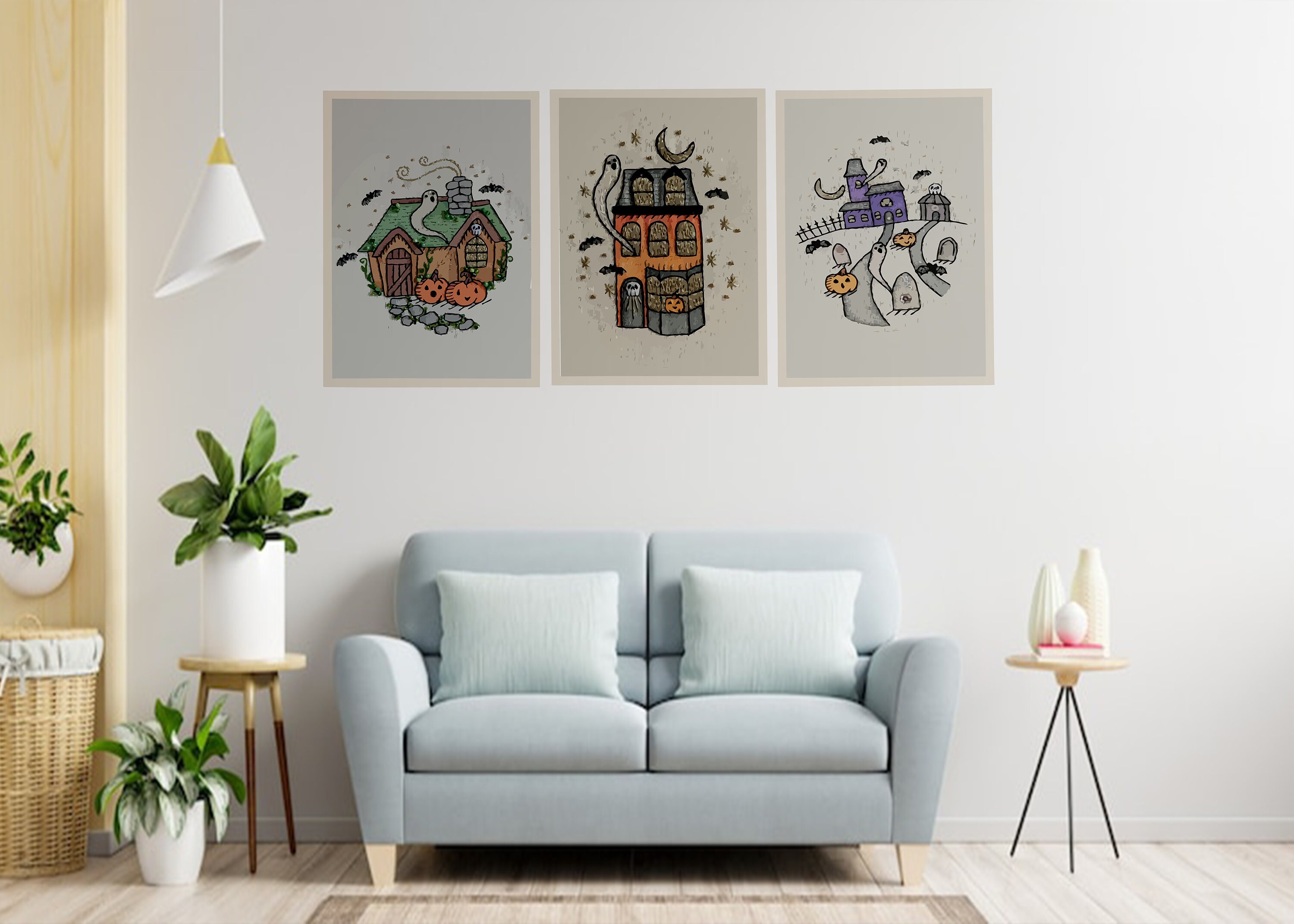 Cute Hunted Houses Set of 3 Digital Prints, Halloween Digital Art ...