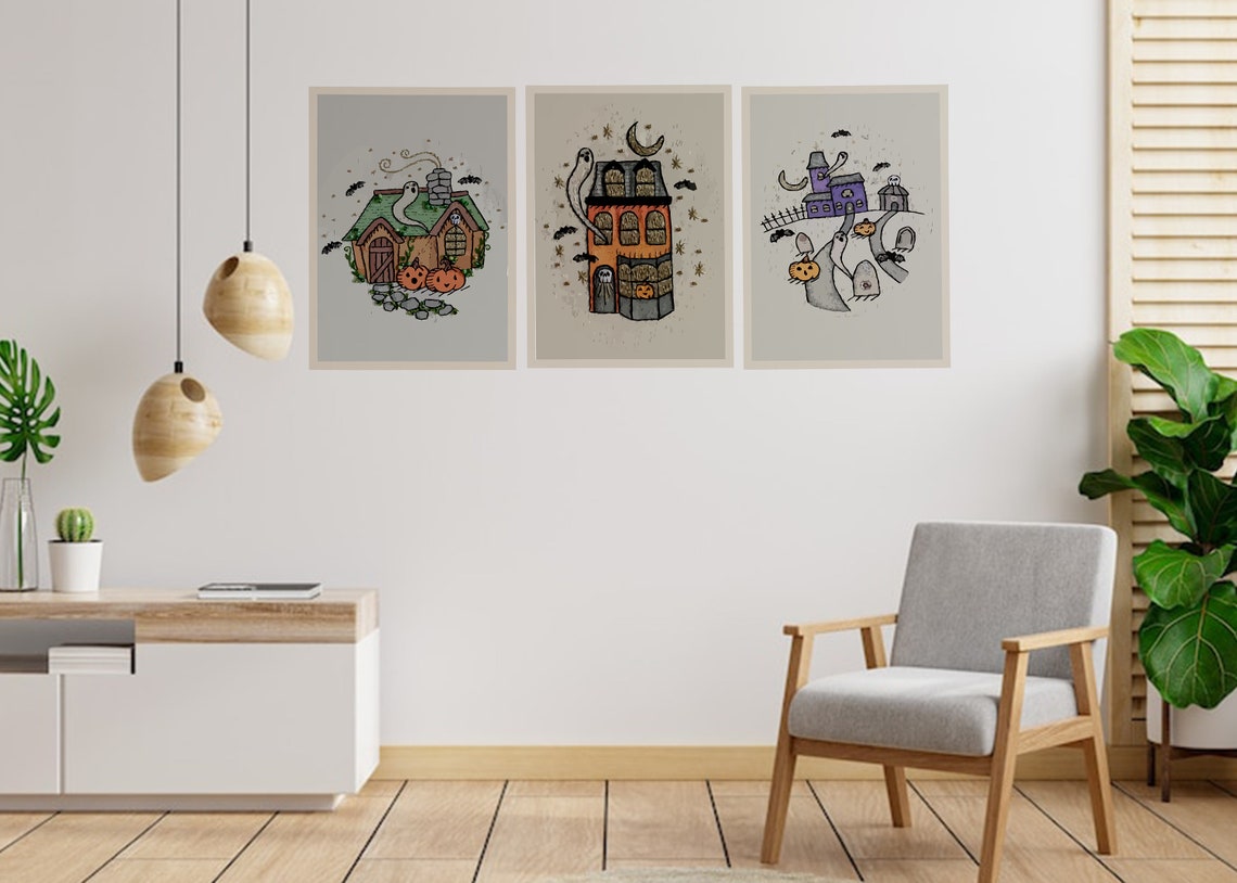 Cute Hunted Houses Set of 3 Digital Prints, Halloween Digital Art ...