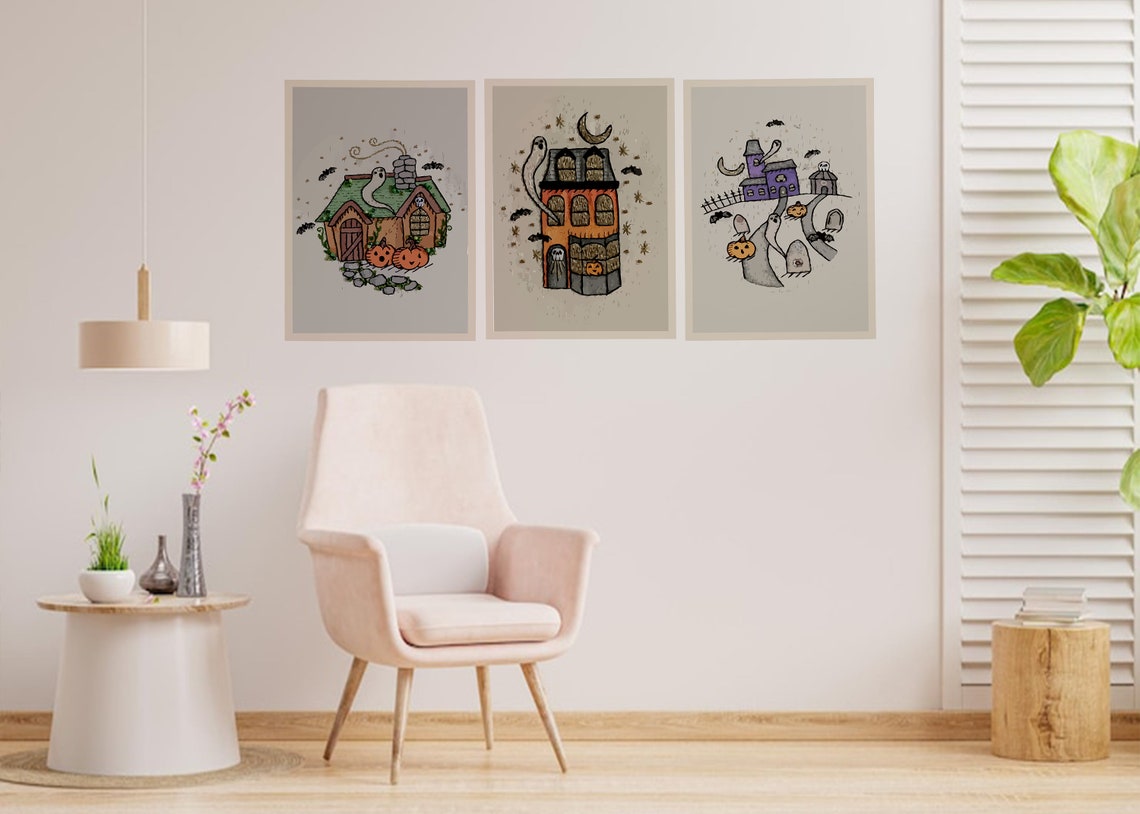 Cute Hunted Houses Set of 3 Digital Prints, Halloween Digital Art ...