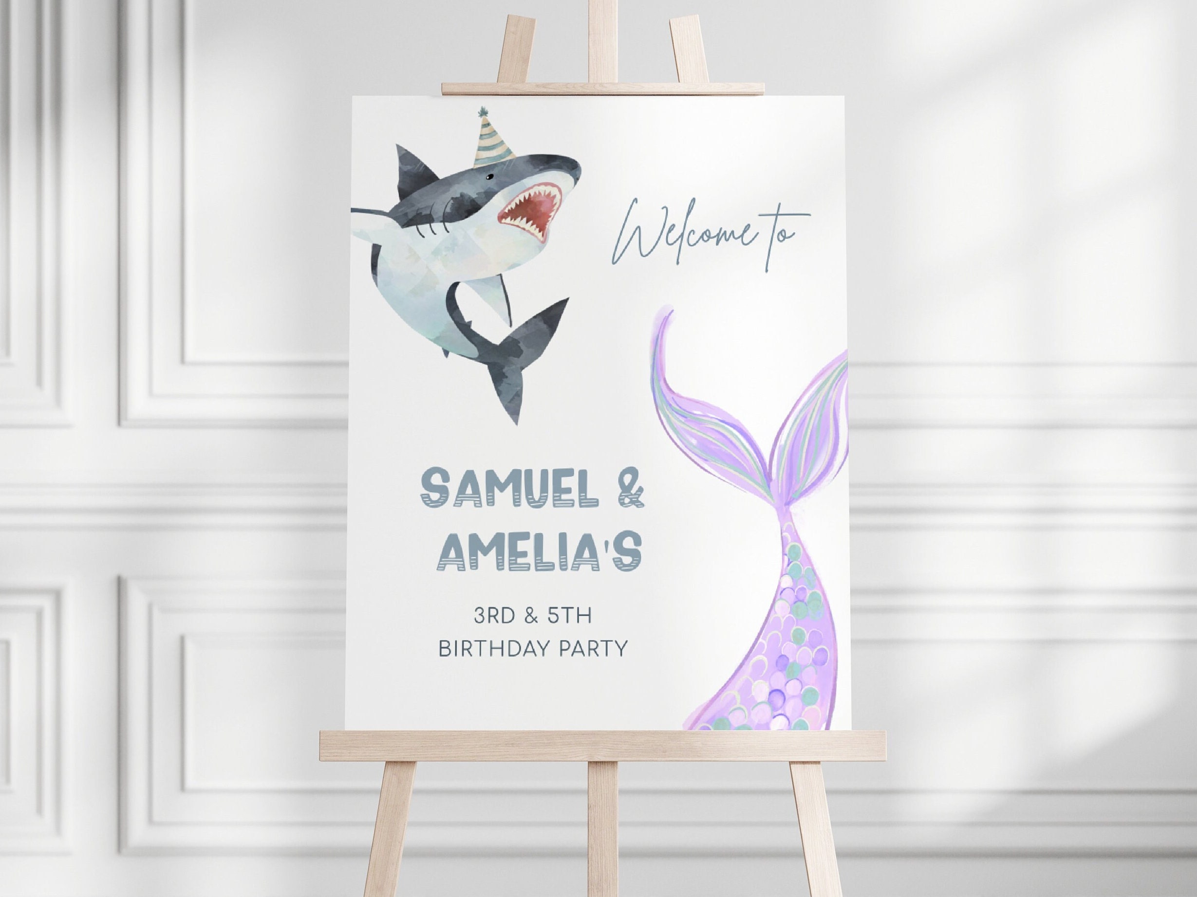 Shark & Mermaid Birthday Welcome Sign, Editable Template, Sharks ...