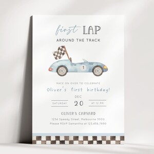 First Lap Racing Birthday Invitation, Editable Muted Blue Car 1st B'day ...