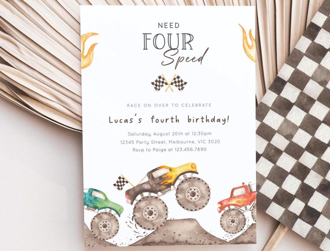 Need Four Speed Monster Truck Birthday Invitation, Editable Racing ...