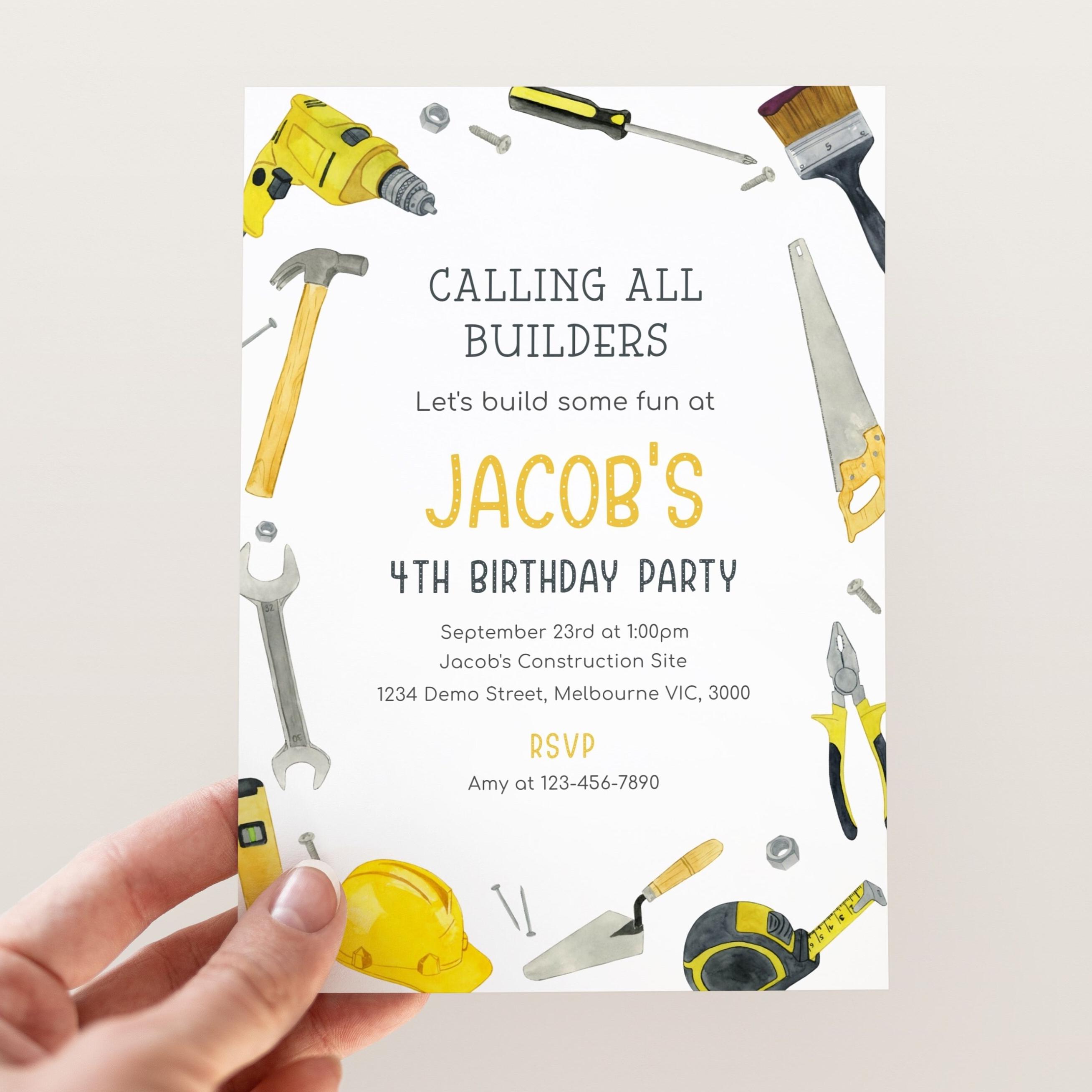 Editable Builder Tools Birthday Invitation, Boys Tools Builder B'day ...