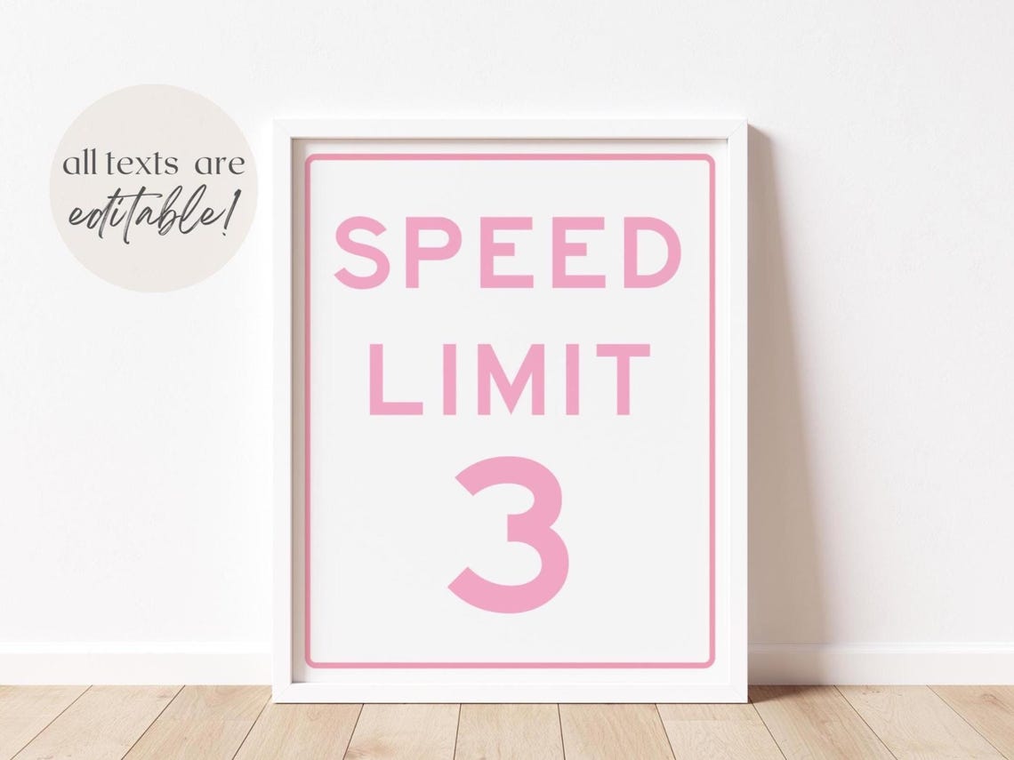 Editable Pink Speed Limit 3 Sign, Girl Race Car Birthday Party Sign ...