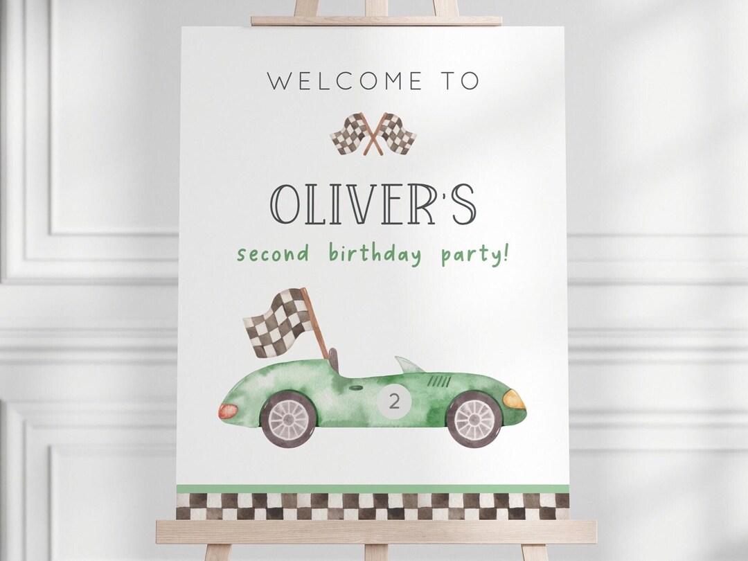Green Car Birthday Party Welcome Sign, Editable Two Fast B'day Green ...