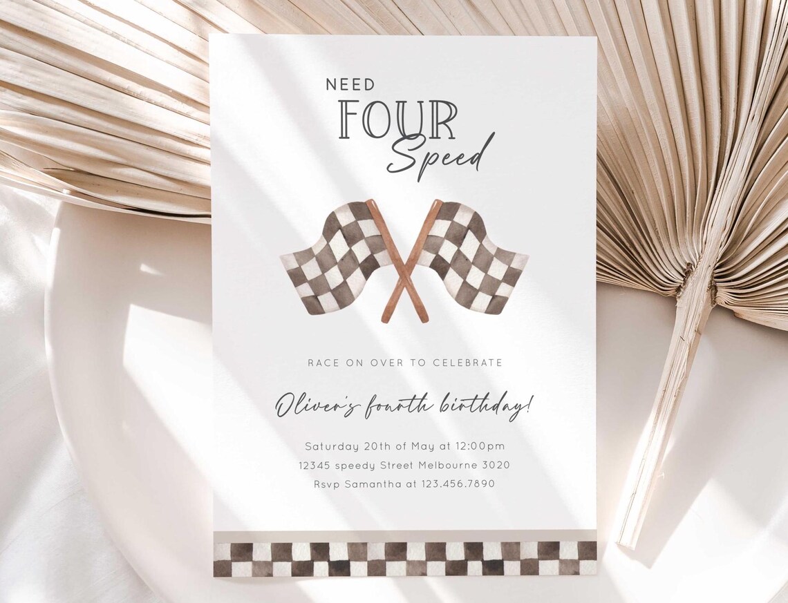 Need Four Speed Racing Birthday Invitation, Editable Race Flags 4th B ...