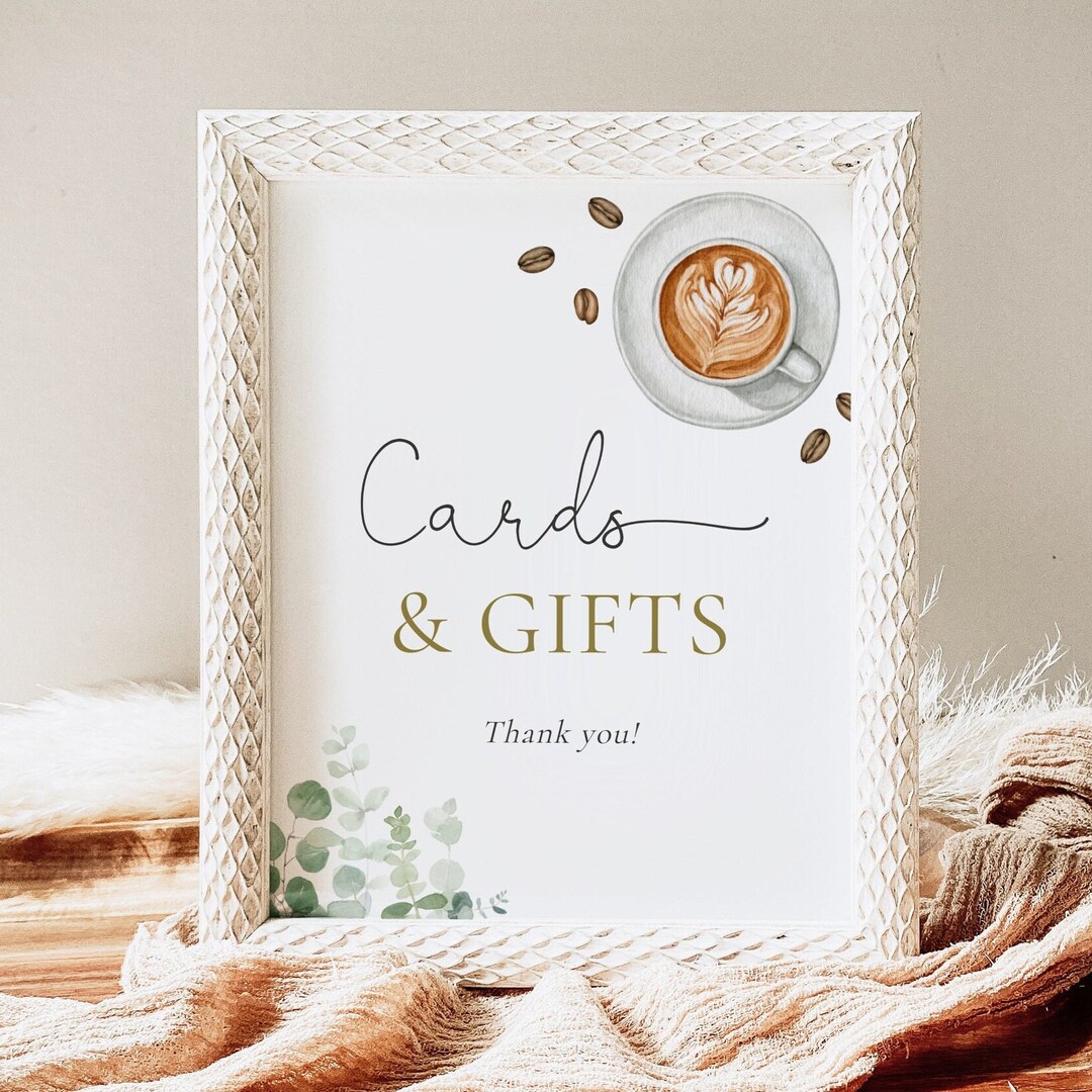 Coffee Themed Cards & Gifts Sign, Editable Greenery Coffee Shower Table ...