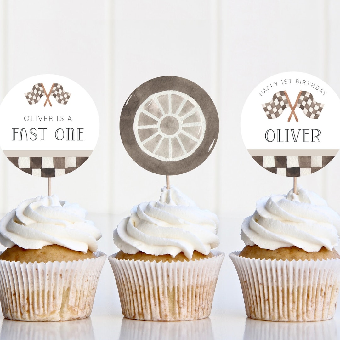 Fast ONE Cupcake Toppers, Editable & Printable Racing Flags Birthday ...