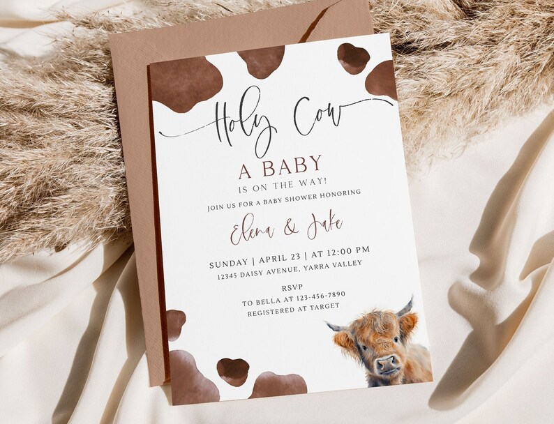 Editable Holy Cow Baby Shower Invitation, Minimalist Brown Cow Spots ...
