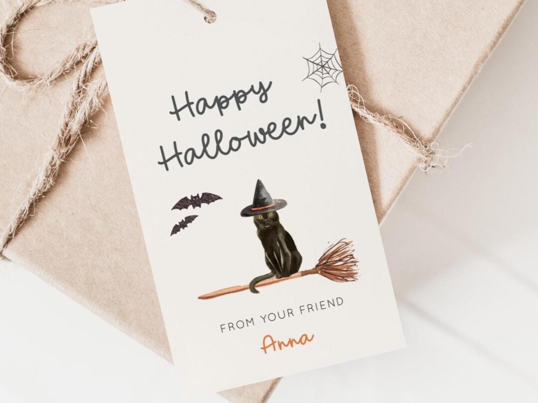Happy Halloween Gift Tag, Editable Template, Black Cat & Broom Cute ...