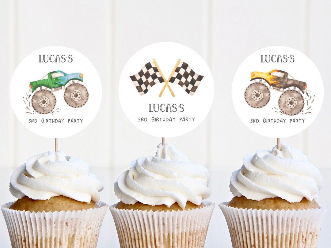 Monster Truck Cupcake Toppers, Editable Monster Cars Party Decor ...