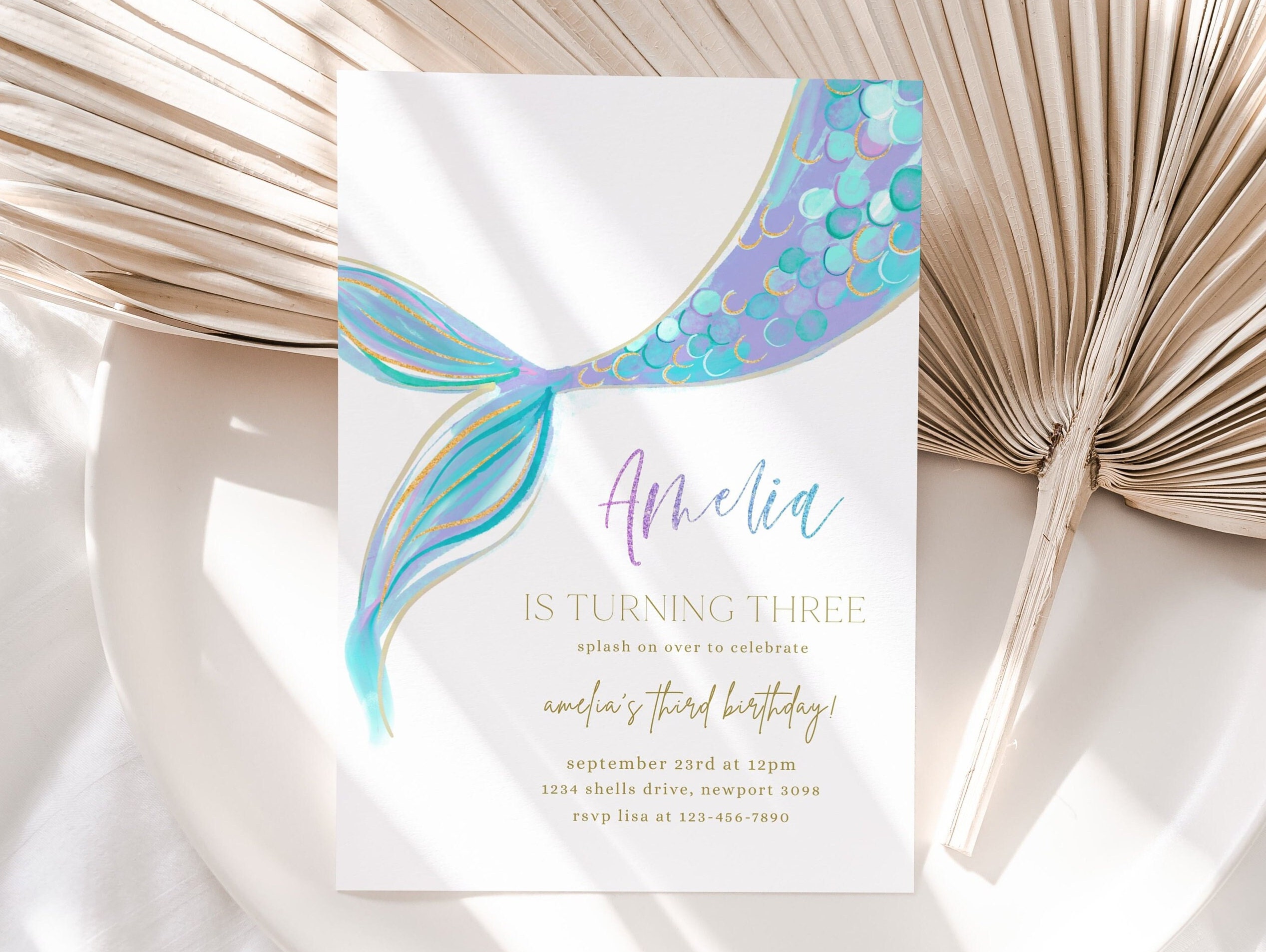 Editable Mermaid Invitation, Any Age Purple Blue Mermaid Birthday ...