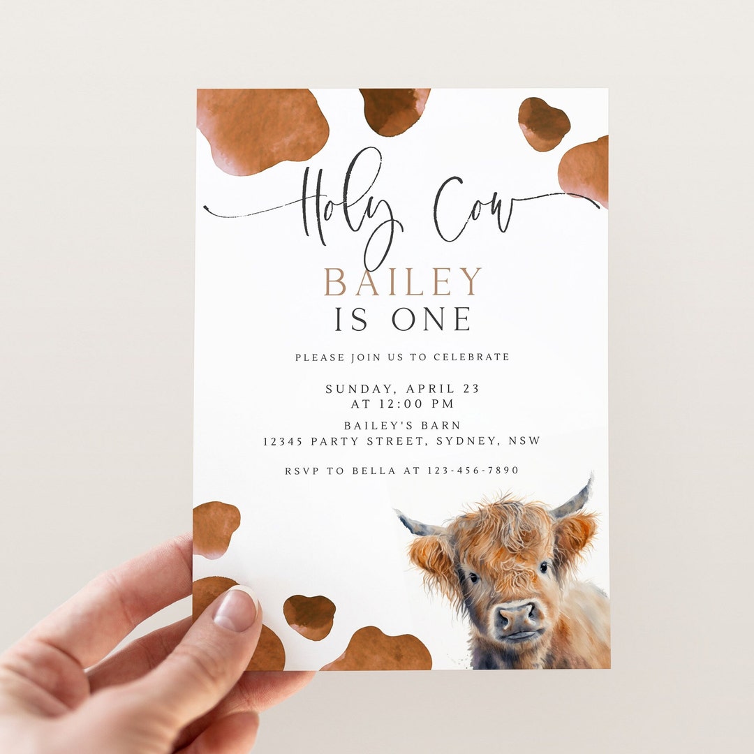 Editable Holy Cow Birthday Invitation, Brown Spots Cow 1st B'day Invite ...