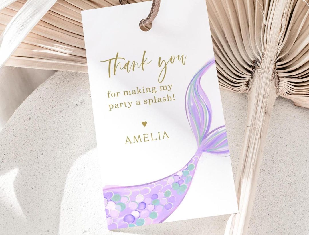 Editable Purple Mermaid Gift Tag, Mermaid Birthday Party Favor Tag ...