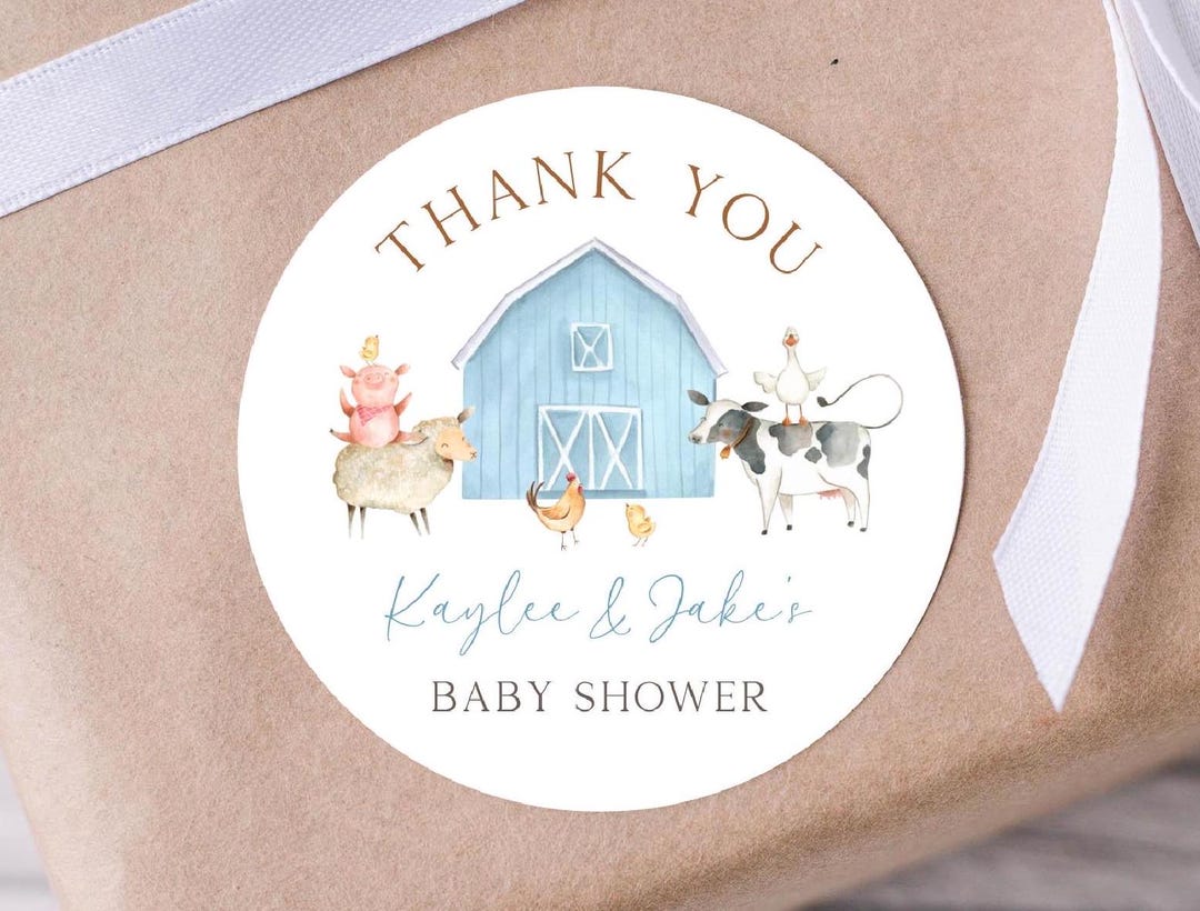 Editable Blue Barn Baby Shower Sticker, Farm Animals Babu Shower Round ...
