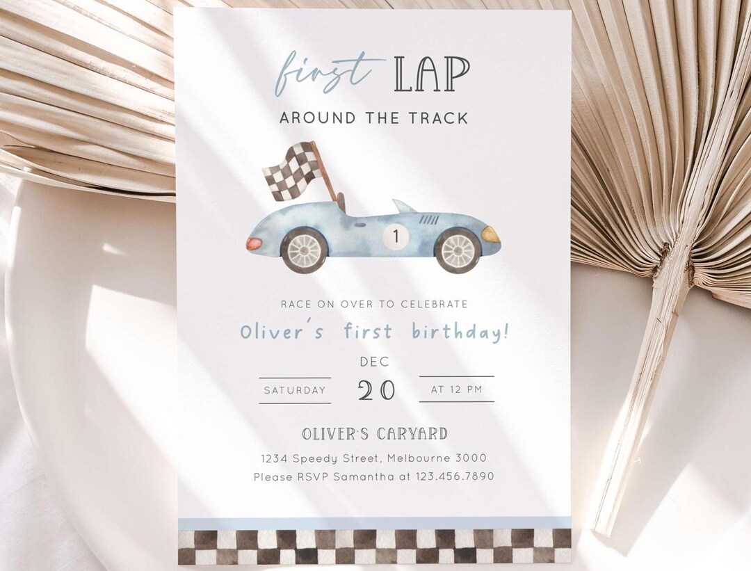 First Lap Racing Birthday Invitation, Editable Muted Blue Car 1st B'day ...