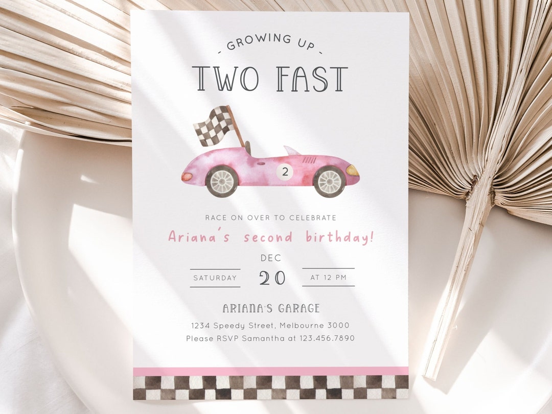 Two Fast Pink Car 2nd Birthday Invitation, Editable Template, Vintage ...