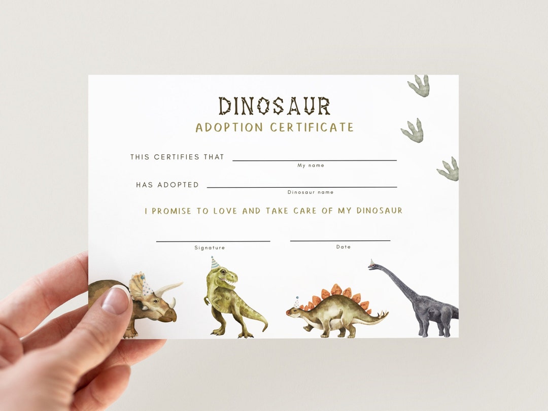 Adopt A Dinosaur Certificate Card, Editable Dino T-rex Birthday Party ...