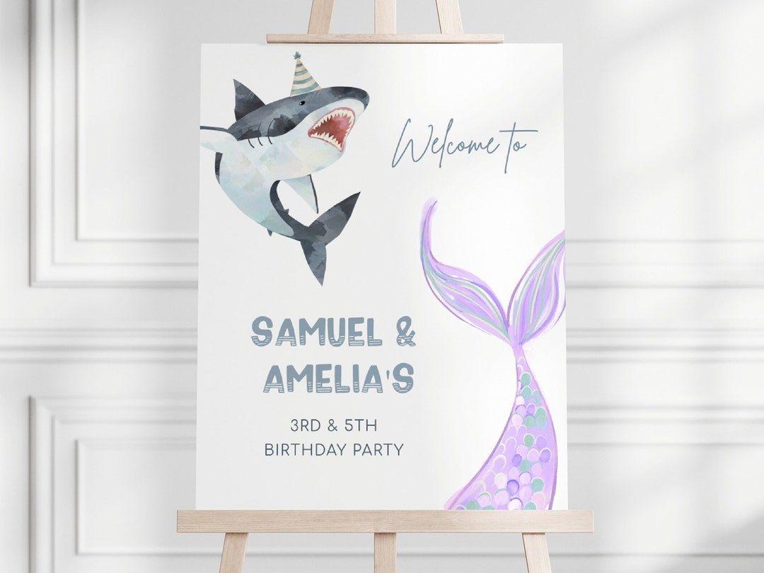 Shark & Mermaid Birthday Welcome Sign, Editable Template, Sharks ...