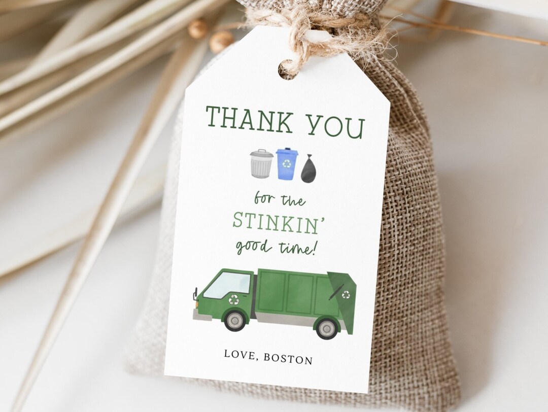 Garbage Truck Thank You Tag, Editable Trash Truck Birthday Party Label ...