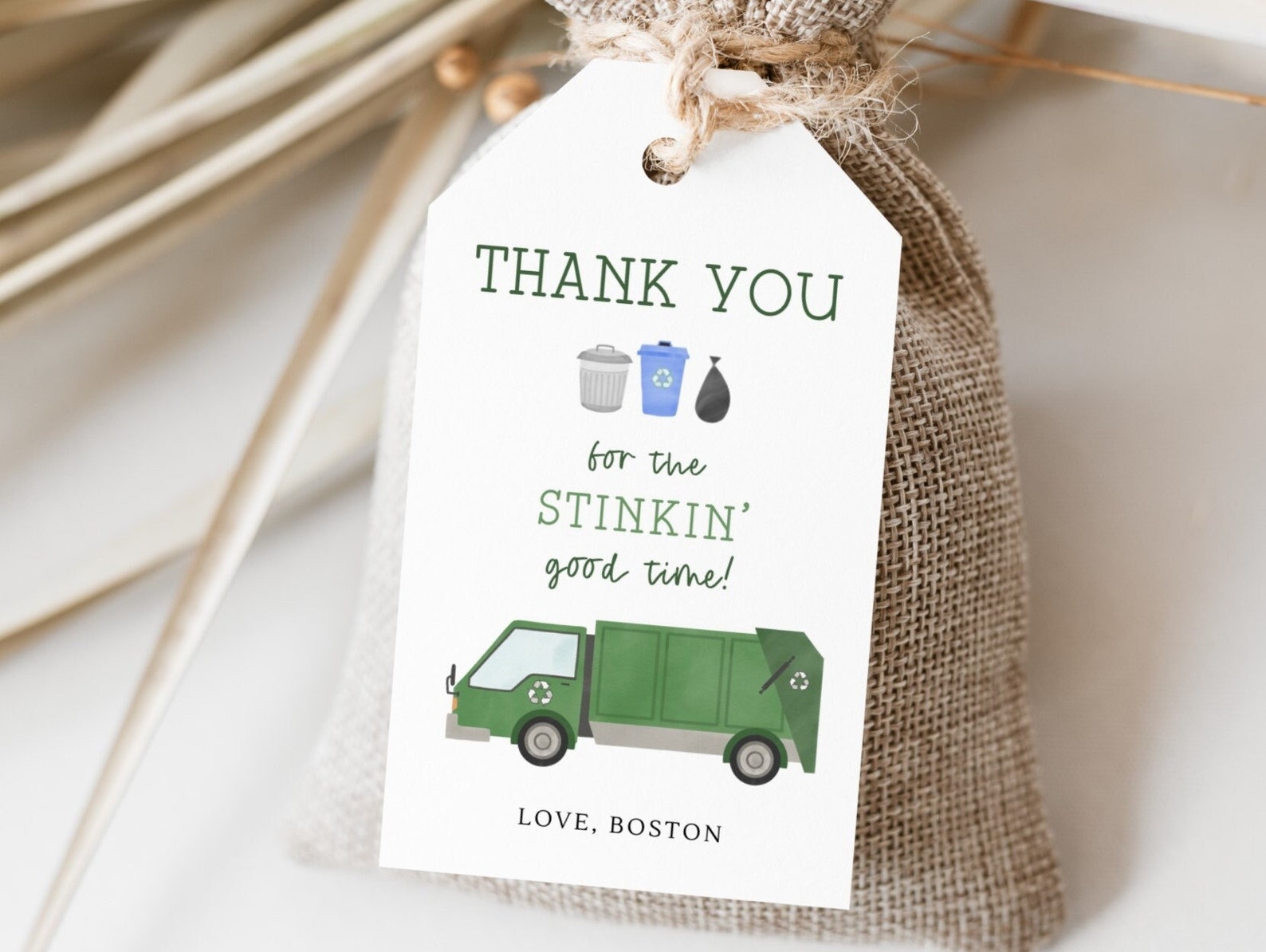 Garbage Truck Thank You Tag, Editable Trash Truck Birthday Party Label ...