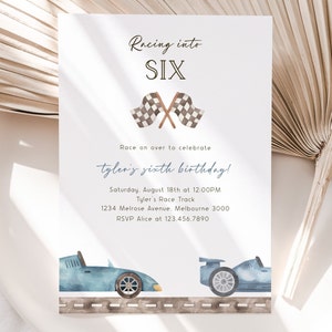 Editable Racing 6th Birthday Invitation, Blue Race Cars Sixth B'day ...