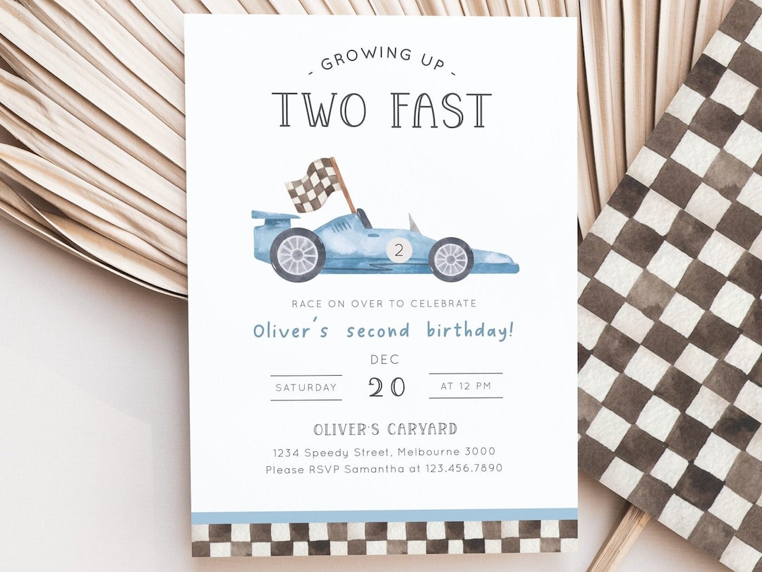Growing up Two Fast Blue Race Car Invitation, Editable Boy 2nd B'day ...
