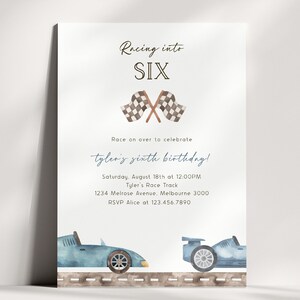 Editable Racing 6th Birthday Invitation, Blue Race Cars Sixth B'day ...