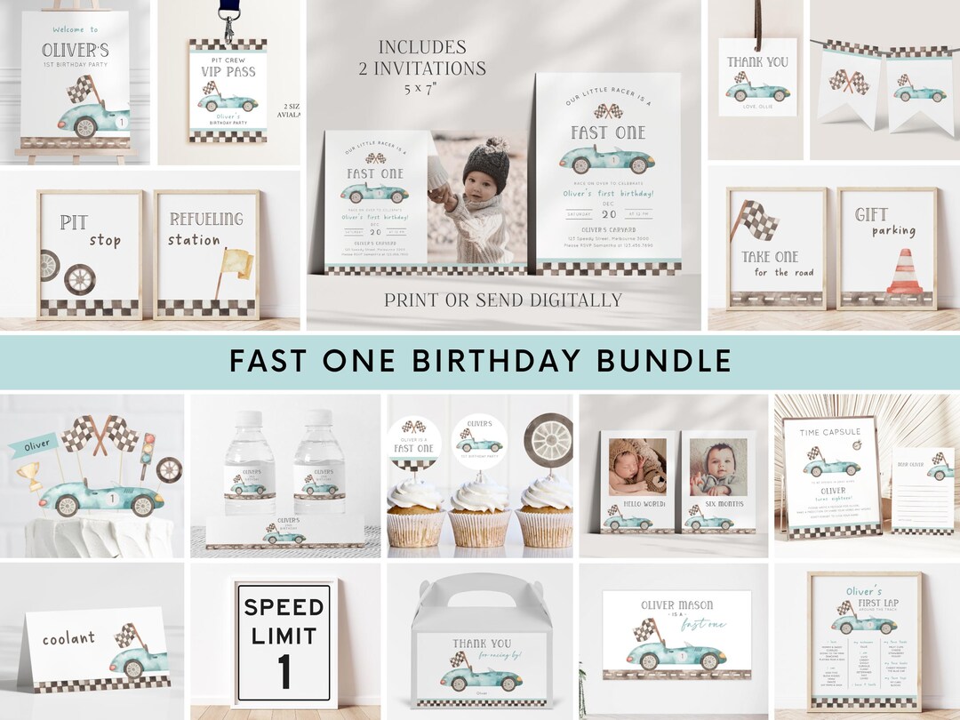 Fast One Racing Birthday Invitation Bundle, Editable Template, Vintage ...