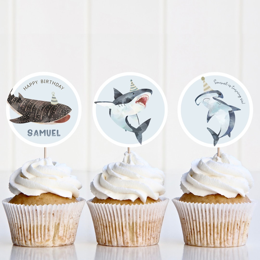 Sharks Cupcake Toppers, Editable Template, Boys Under the Sea Sharks B ...