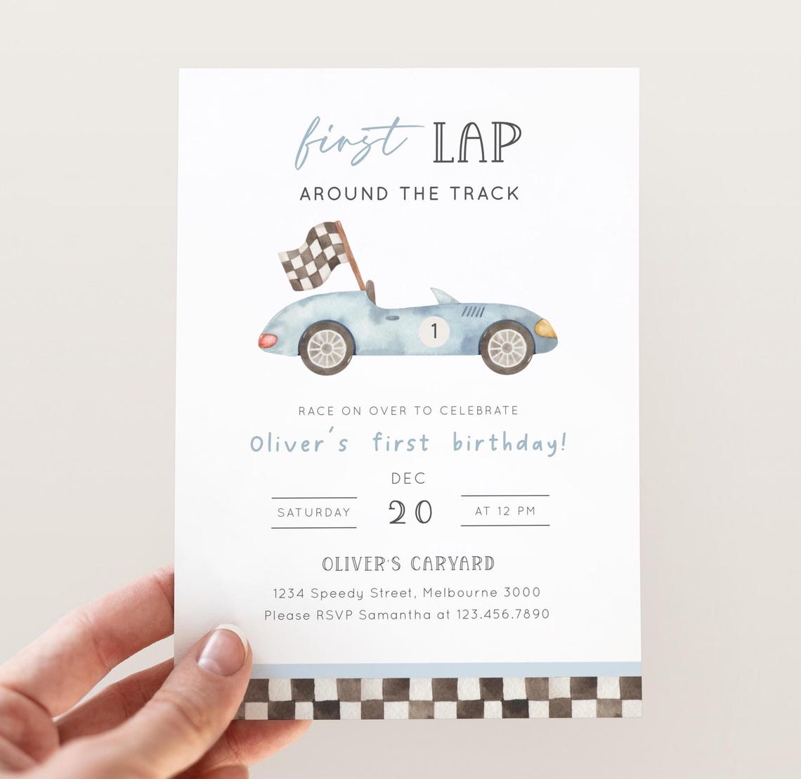 First Lap Racing Birthday Invitation, Editable Muted Blue Car 1st B'day ...