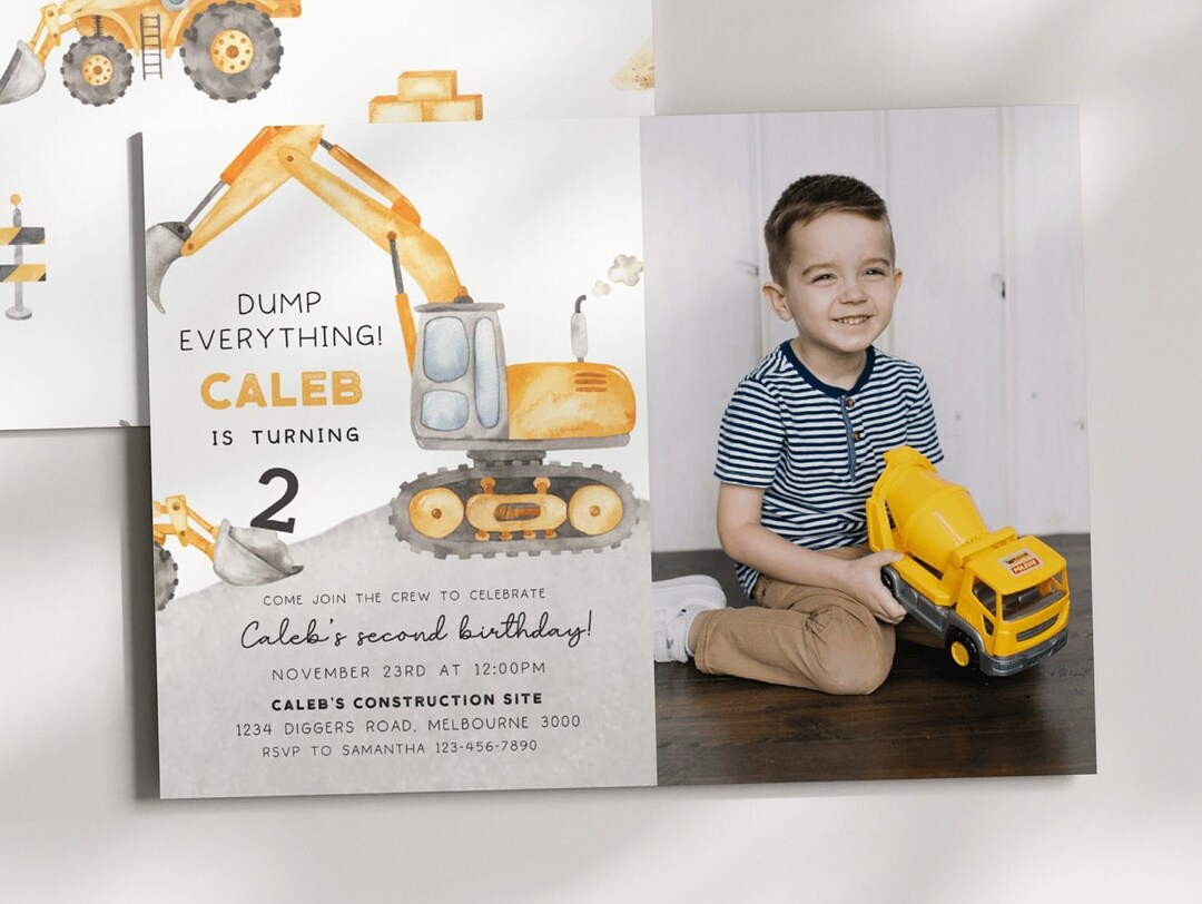 Editable Digger Truck Birthday Invitation With Photo, Construction ...