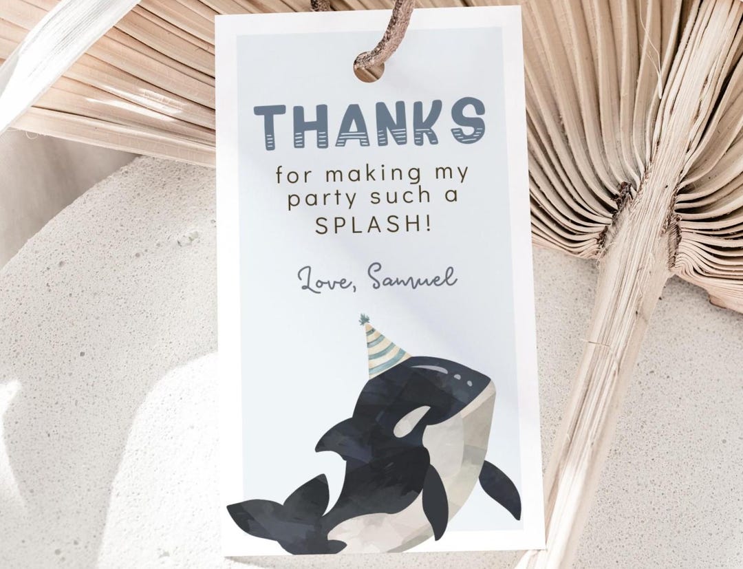 Orca Whale Thank You Tag, Editable Template, Whale Birthday Party Tag ...