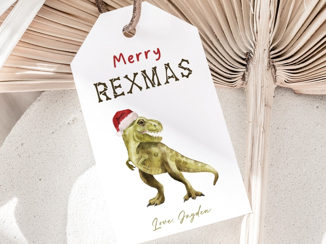 Dinosaur Christmas Tag, Editable Template, T-rex Santa Hat Gift Tag ...