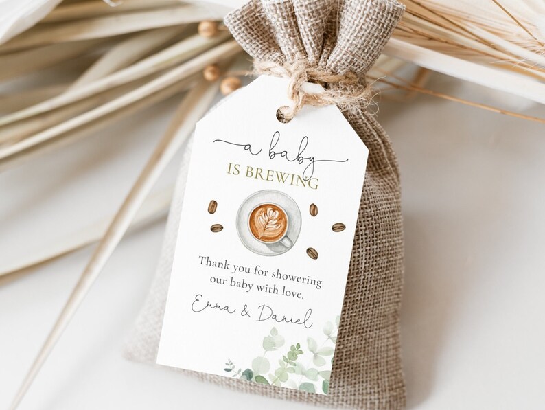 A Baby is Brewing Favor Tag, Editable Coffee Greenery Baby Shower Thank ...