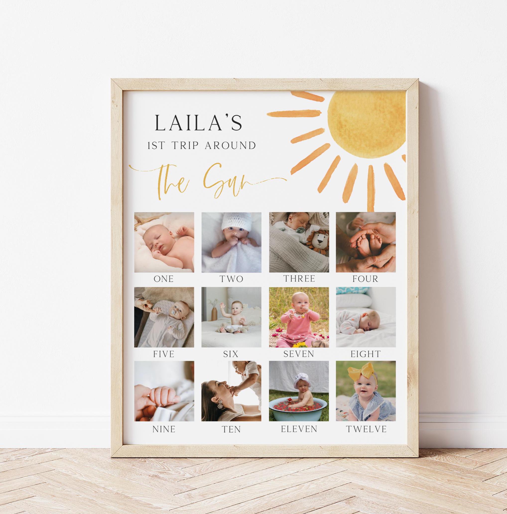 Sunshine Birthday Photo Milestone Poster, Editable 12 Months Photo ...