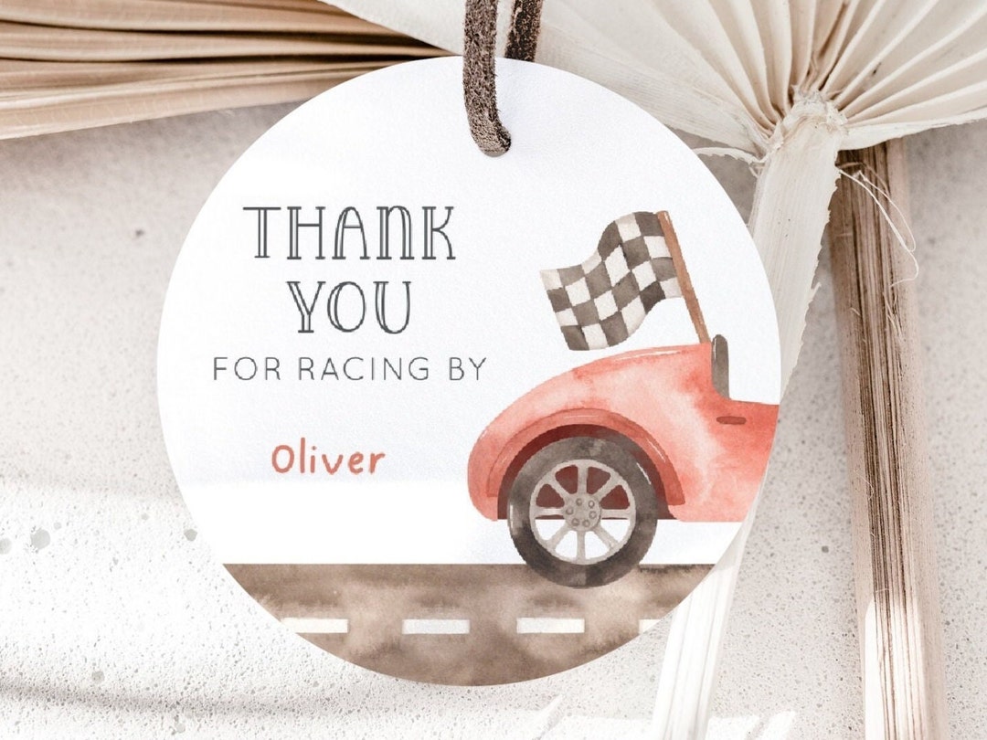 Red Race Car Birthday Thank You Label, Editable Two Fast Racing Car ...