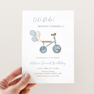Let's Ride Tricycle Birthday Invitation, Editable Blue Trike & Balloons ...