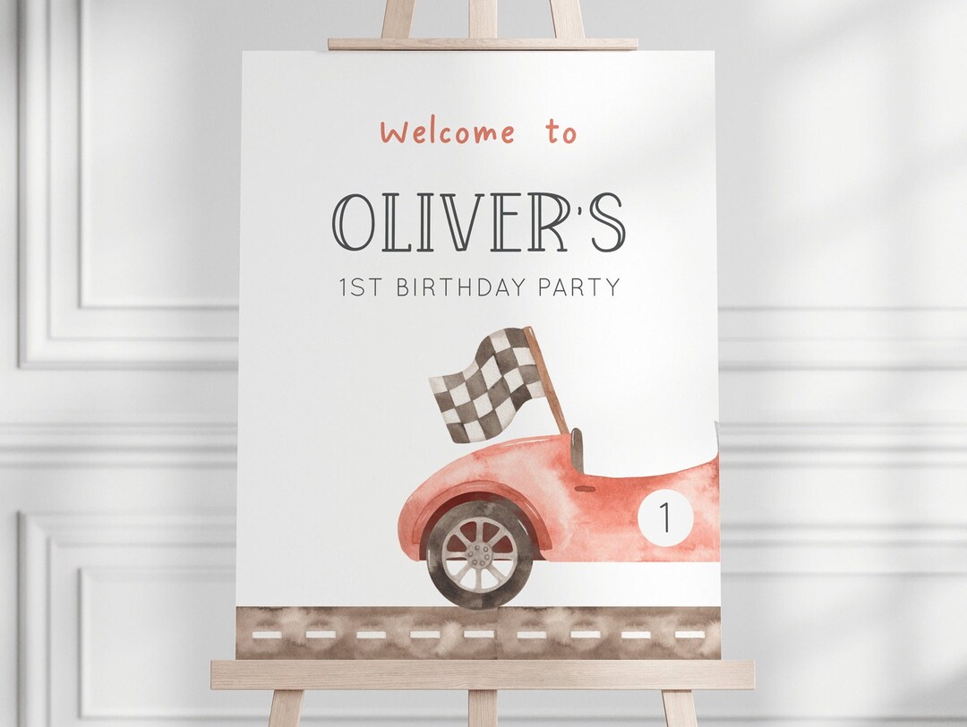 Editable Fast ONE Birthday Welcome Sign, Red Vintage Car Party Sign ...