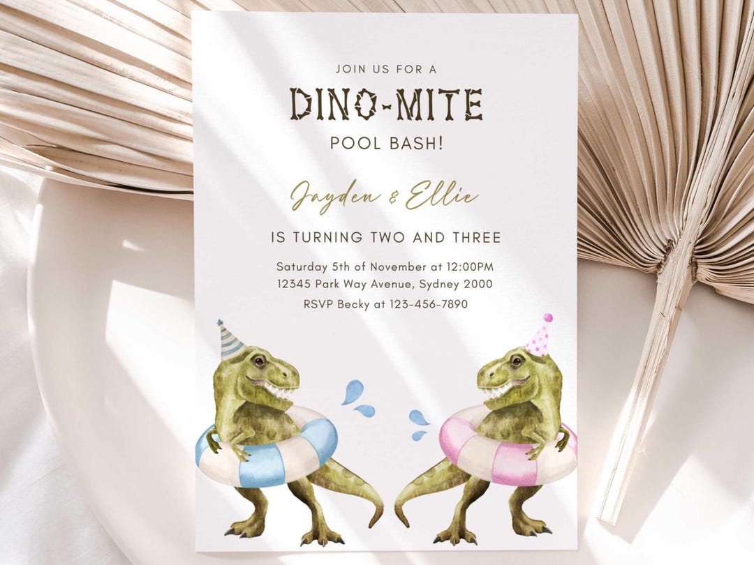 Dinosaur Pool Party Joint Birthday Invitation, T-rex Pool Float ...