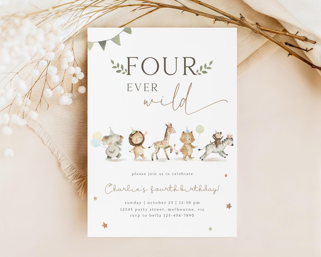 Four Ever Wild Safari Birthday Invitation, Editable Kids Jungle Animals ...