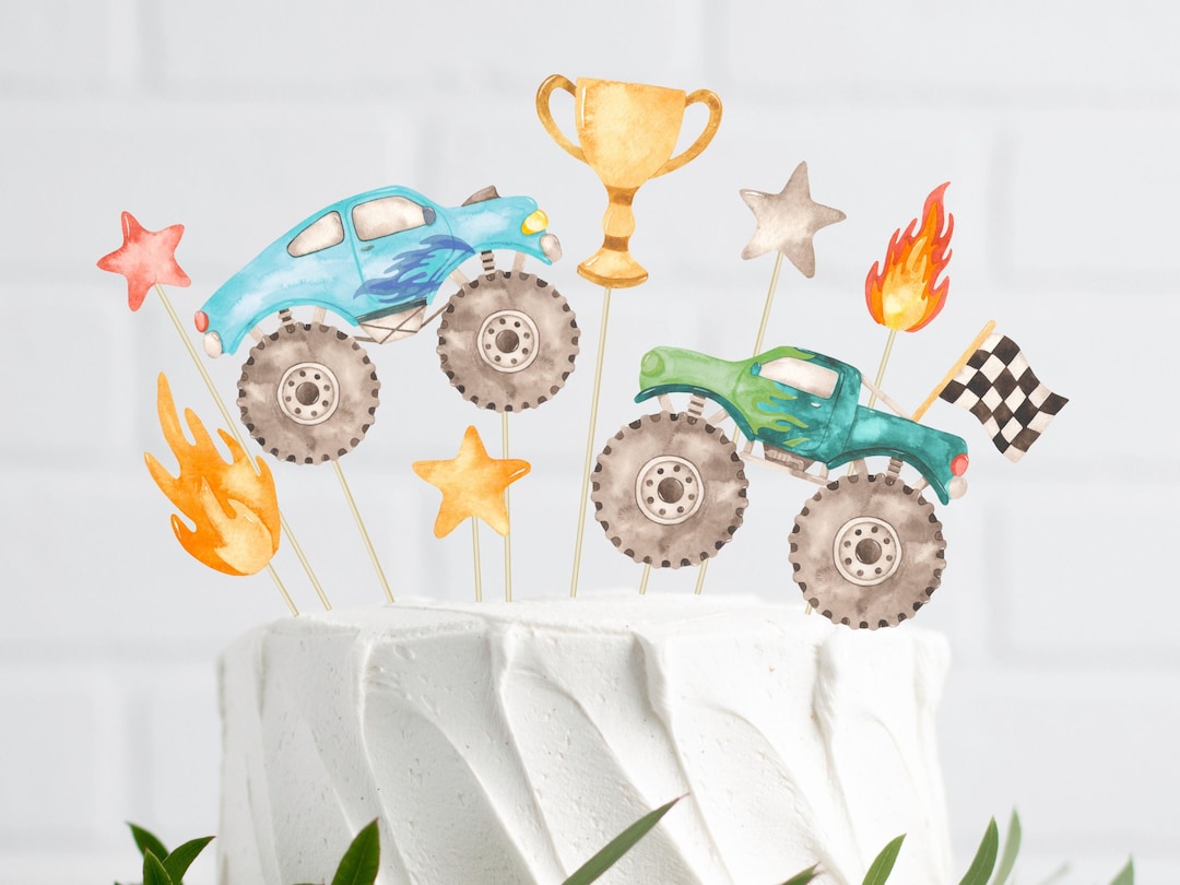 Printable Monster Truck Cake Toppers, Green Blue Monster Truck Birthday ...